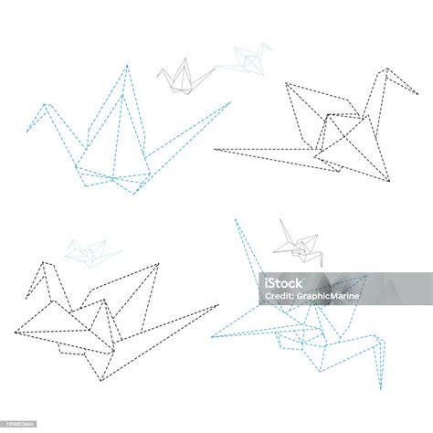 종이 접기 크레인 벡터 윤곽선 흰색 배경에 고립 된 파선 일러스트 레이션 세트 인포 그래픽 웹 사이트 또는 응용 프로그램을위한