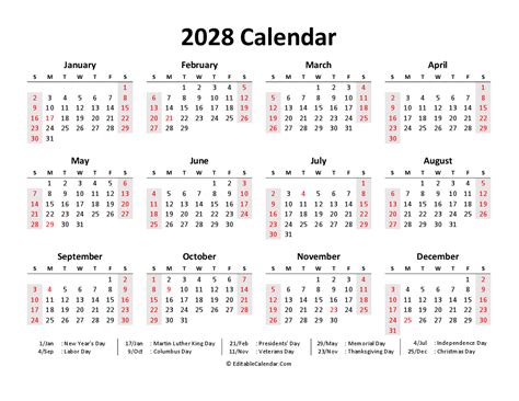 Free Printable Calendar 2028 Word Pdf Excel