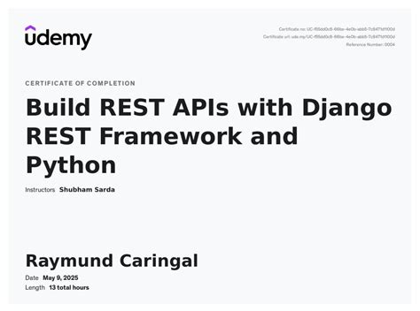 My Course Completion Certificate For Build Rest Apis With Django Rest Framework And Python