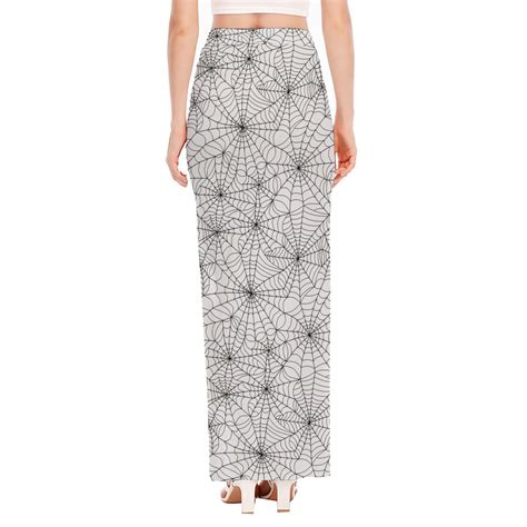White And Black Spider Web Pattern Print High Slit Maxi Skirt Gearfrost