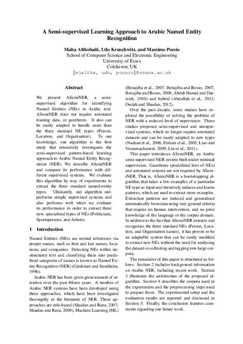 Pdf A Semi Supervised Learning Approach To Arabic Named Entity Recognition