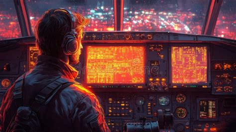 Pilot Navigating An Advanced Aircraft Cockpit At Night Stock