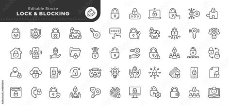 Set Of Line Icons In Linear Style Series Locking Lock Padlock And Shield Protection Safety