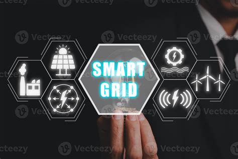 Smart Grid Concept Businessman Hand Holding Lightbulb With Smart Grid Icon On Virtual Screen