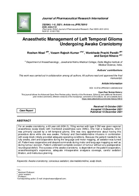 Pdf Anaesthetic Management Of Left Temporal Glioma Undergoing Awake Craniotomy
