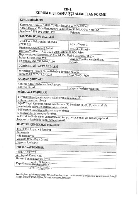 Muğla Dabel Turizm 252 İşçi Alacak Memurlarnet