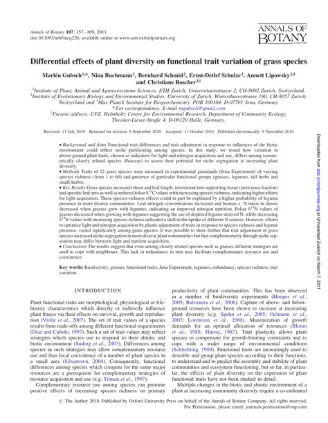 pdf differential effects of plant diversity on functional trait