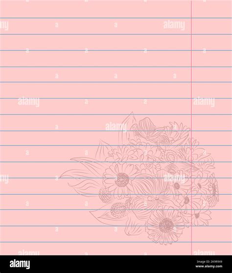 Notebook Colored Lined Paper Sheet With Romantic Flowers Bouquet Vintage Style Floral Template