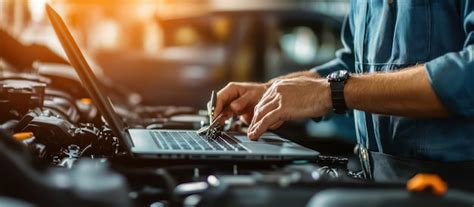 Mechanic Using Laptop to Diagnose Car Engine Problem | Premium AI-generated image