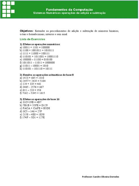 Listade Exercicios Operaçoes Bases Numericas Pdf