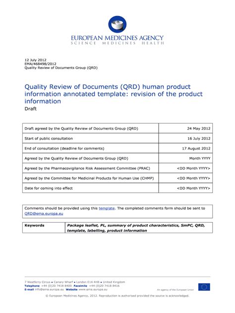 Fillable Online Draft Quality Review Of Documents Human Product Information Annotated Template