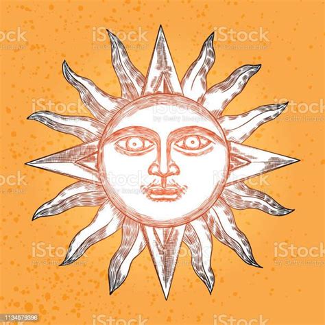 일출 조각 그림입니다 인간 같은 얼굴을 가진 빈티지 인 그레이 빙 인체에의 한 플래시 타 투 또는 프린트 디자인 벡터 목판화에