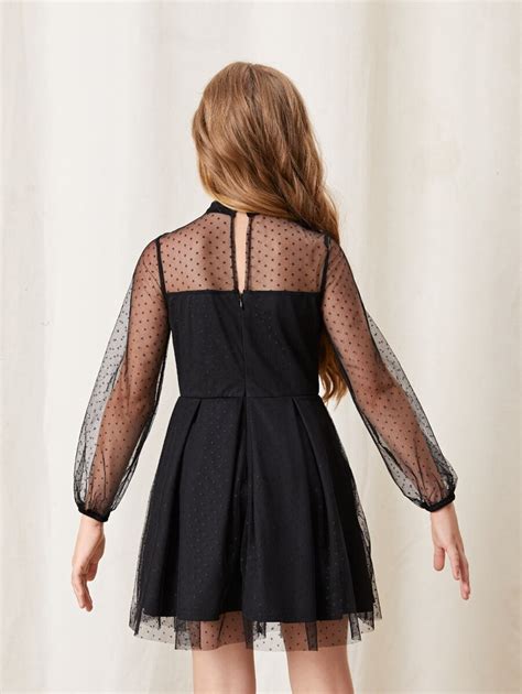 Shein Tween Girl Contrast Dobby Mesh Fold Pleated Hem Keyhole Back