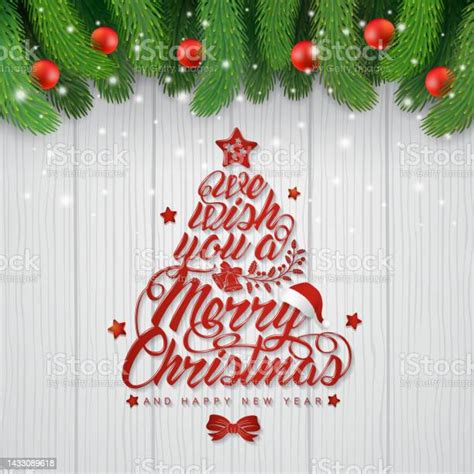 메리 크리스마스와 새해 복 많이 받으세요 타이포그래피 산타스 모자 크리스마스 트리 반짝이는 공 별을 걸고 리본과 전단지 포스터