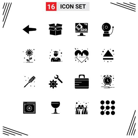 Set Of 16 Vector Solid Glyphs On Grid For Graduate Spring Screen Nature Sub Flower Editable