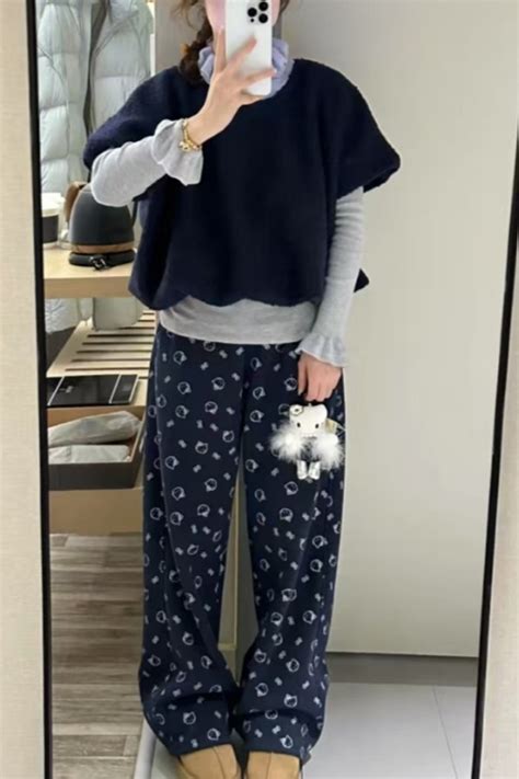 핑크프릴 set 플리스 반팔 레이어드 조끼 러블리 프릴 긴팔 스웨터 프린팅 와이드팬츠 P 셋업