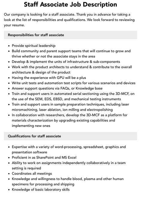 Staff Associate Job Description Velvet Jobs