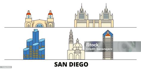 미국 샌디에고 플랫 랜드마크 벡터 일러스트 레이 션입니다 미국 샌디에고 라인 도시 유명한 여행 명소 스카이 라인 디자인 샌디에이고 에 대한 스톡 벡터 아트 및 기타 이미지