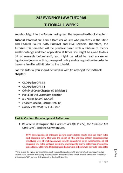 Tutorial 1 Week 2 Tut Page 1 242 Evidence Law Tutorial Tutorial 1