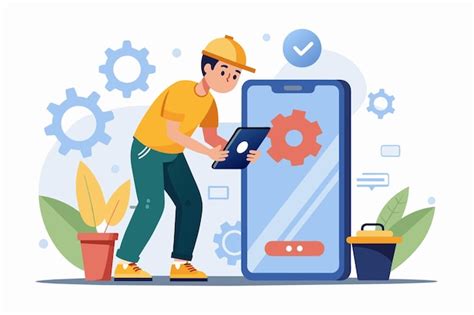 premium vector a man in a hard hat is focused on fixing errors on a