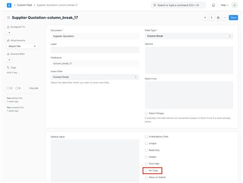 Field Customisation Set No Copy On Standard Fields Customization