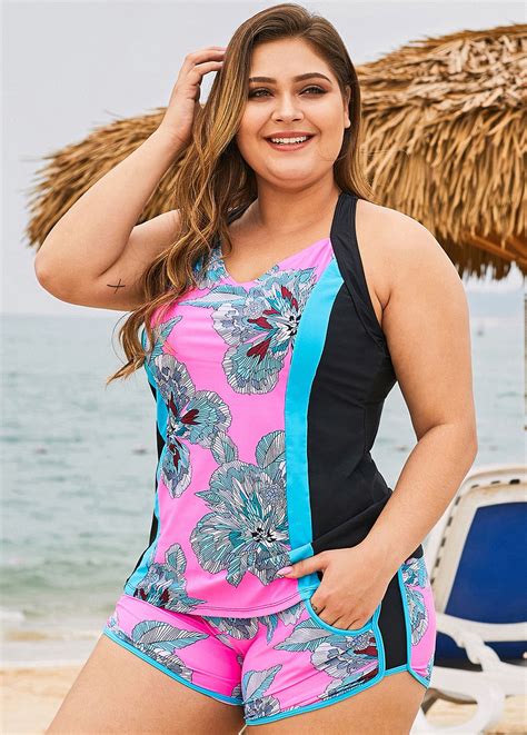 Printed Multi Color Plus Size Tankini Set Ad Color Multi Printed