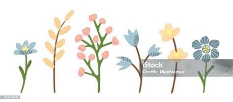 파스텔 색상의 간단한 벡터 드로잉 다른 부드러운 야생화 세트 카드의 축제 디자인 초대장 0명에 대한 스톡 벡터 아트 및 기타