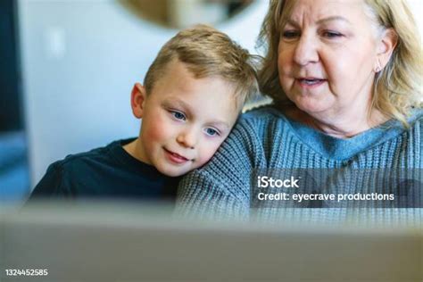 성숙한 성인 여성 할머니 와 유치원 나이 손자 함께 작업 와 함께 노트북 기술 사진 시리즈 2명에 대한 스톡 사진 및 기타