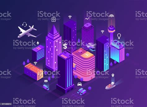 스마트 시티 아이소메트릭 그림입니다 지능형 건물입니다 도시의 거리는 컴퓨터 네트워크에 연결 것 들 개념의 인터넷입니다 마천루와 비즈니스 센터입니다 Eps 10 도시에 대한