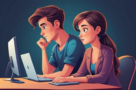 Cute Cartoon Illustrations Of A Young Man And Woman Thinking Or Working