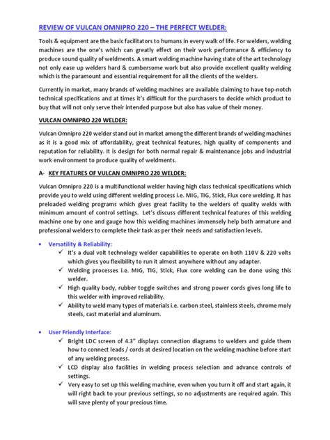 Review Of Vulcan Omnipro 220 Pdf Technology And Engineering