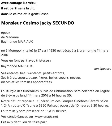 Avis De Décès De Cosimo Jacky Secundo Décédé Le 11032016 à Libramont Chevigny Annonce