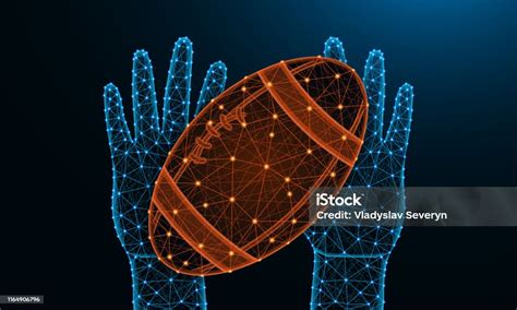 손과 공 럭비 축구 낮은 폴리 디자인 다각형 스타일의 스포츠 게임 캐치 또는 어두운 파란색 배경에 포인트와 선으로 만든 볼