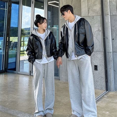 비바블 크롭and오버세트가능 커플 크롭 레더 자켓 후드 집업 가죽 자켓 겨울 봄 가을 커플룩 커플 시밀러룩 꾸안꾸 트레이닝 세트