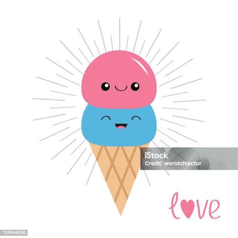 와플 콘에 아이스크림 스쿱 세트 웃는 얼굴 빛나는 라인 효과 귀여운 만화 캐릭터 러브 카드 발렌타인 데이 기호입니다 플랫 디자인 흰색 배경입니다 격리 개체 그룹에 대한 스톡