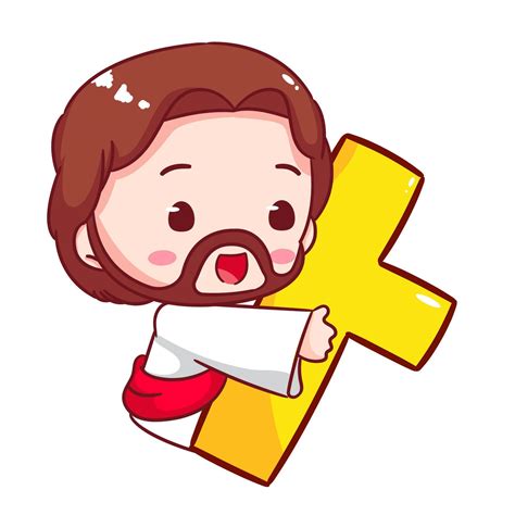 Cute Jesus Holding The Cross Cartoon Christianity Religion Concept