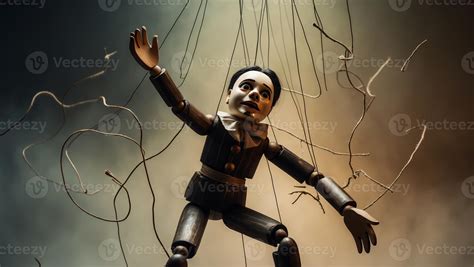 Puppet Struggles Against Tangled Strings In Dramatic Lighting During