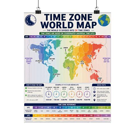 Time Zone World Map Poster Colorful Global Time Zones Chart Etsy