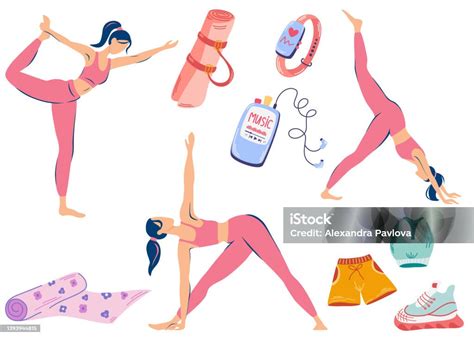 요가 수업 소녀들은 다른 포즈로 요가를합니다 스포츠 장비 체육관 액세서리 요가 매트 운동복 피트니스 팔찌 및 선수 운동 물건 번들 플랫 벡터 일러스트 레이 션 운동에 대한