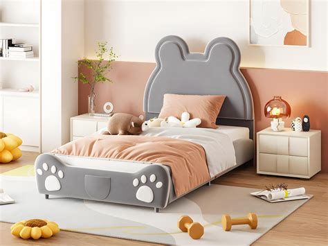 Kinderbed 90 X 200 Cm Beervorm Fluwelen Stof Grijs