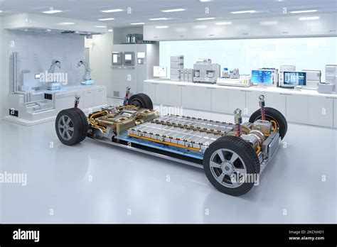 Electric Car Research And Development With 3d Rendering Ev Car With Pack Of Battery Cells Module