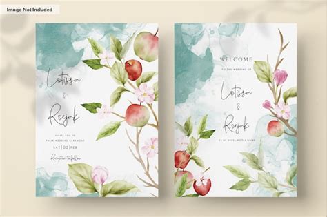 빈티지 꽃 수채화 식물 사과와 핑크 꽃 청첩장 템플릿 무료 Psd 파일