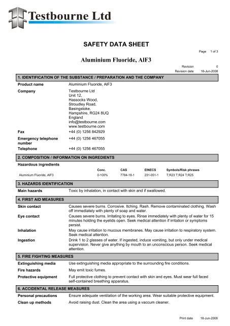 Safety Data Sheet Aluminium Fluoride Alf3 Testbourne Ltd