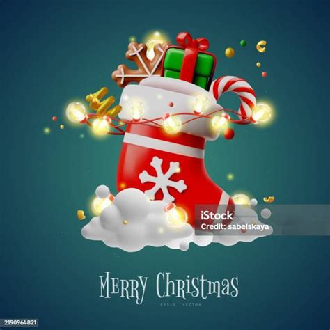 메리 크리스마스 3d 만화 플라스틱 스타일 벡터 디자인 선물 상자와 빛나는 화환 사탕 지팡이와 크리스마스 양말 12월에 대한 스톡 벡터 아트 및 기타 이미지 Istock