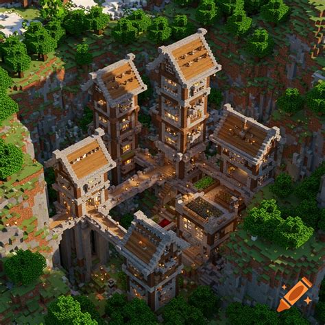 Detailed Minecraft Build Of Interconnected Towers And Bridges In A Cliffside Forest On Craiyon
