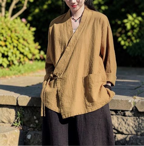 Handmade Linen Wrap Top Kimono Style Blouse Boho Minimalist Clothing