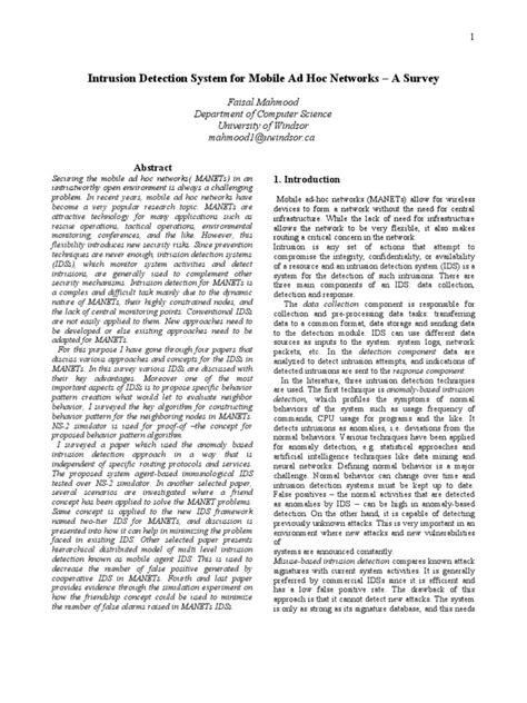 Intrusion Detection System For Mobile Ad Hoc Networks A Survey Pdf