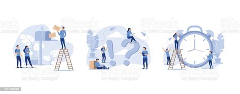 흰색 배경에 알람 시계가 울리고 느낌표와 물음표 주변의 사람들과 자주 묻는 질문 문자가 있는 사서함 평면 벡터 현대 그림 설정