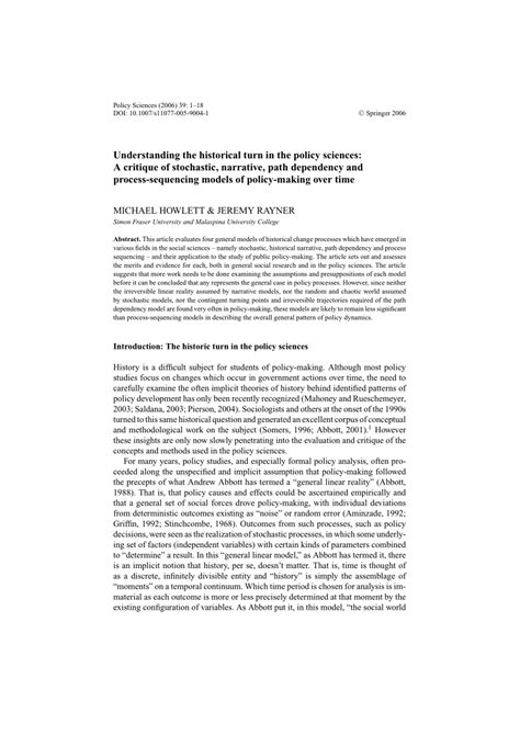 Pdf Understanding The Historical Turn In The Policy Sciences A Critique Of Stochastic