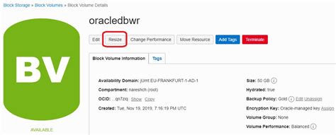 oracle gen2 cloud resizing a block volume using the console oracledbwr